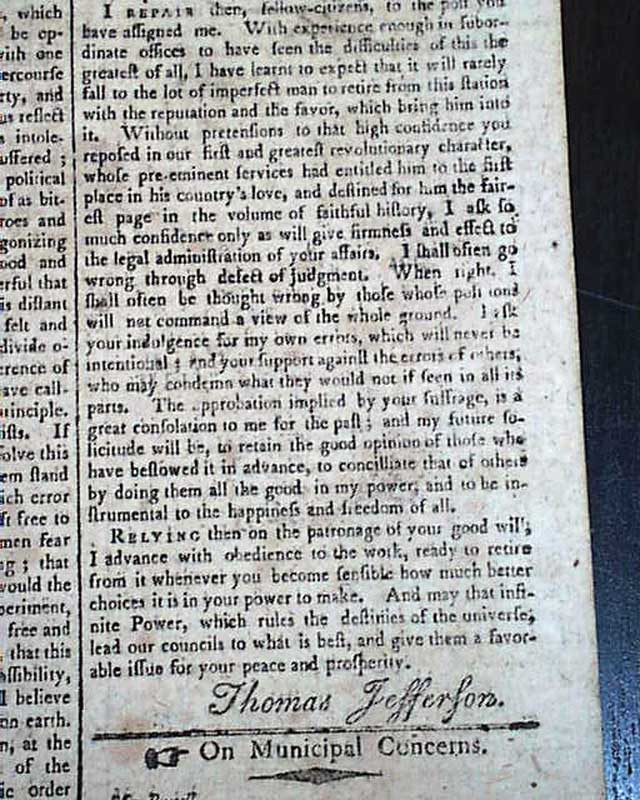 THOMAS JEFFERSON 1st Presidential Inauguration Inaugural Address 1801 ...