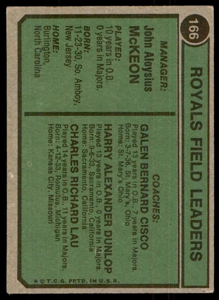 1974 TOPPS JACK MCKEON/CHARLIE LAU/GALEN CISCO/HARRY DUNLOP KANSAS CITY ...
