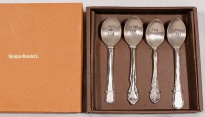 WHIMSICAL WORLD MARKET SET OF 4 PEWTER ENGRAVED TEASPOONS 5 1/2" LONG ...
