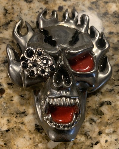 3D Biker Belt buckle flaming skull enameled chrome w black stones by GF Headbang | eBay