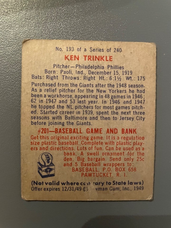 1949 Vintage Baseball Card Bowman MLB Ken Trinkle # 193 Philadelphia ...
