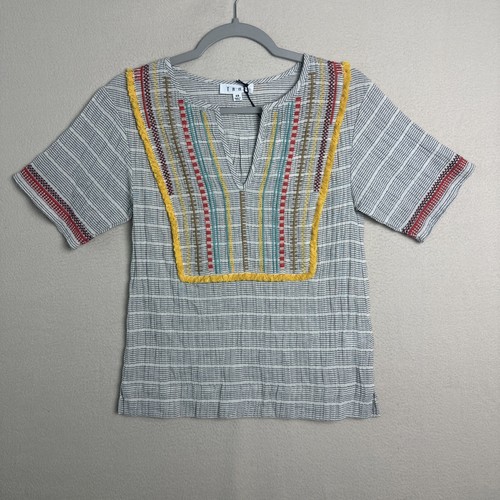 THML Cotton Linen Boho Top Embroidered Split Neck Fringe Short Sleeve ...