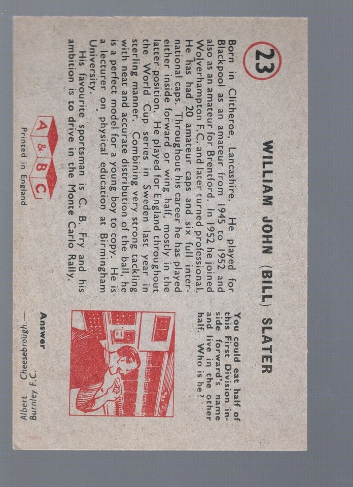 Bill Slater 1958-59 A&BC Footballers #23 Planet LTD | eBay