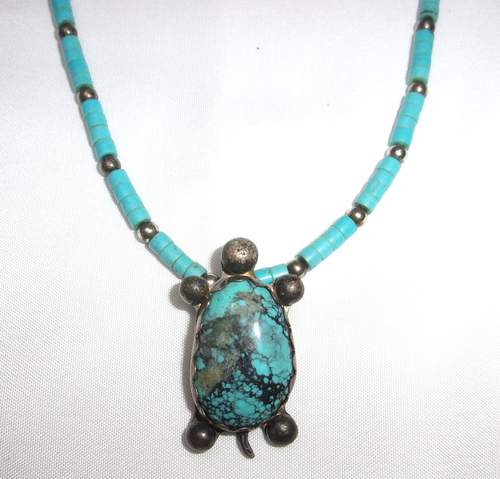 VINTAGE BEAUTIFUL TURQUOISE NATIVE AMERICAN TURTLE NECKLACE MARKED! 29g ...