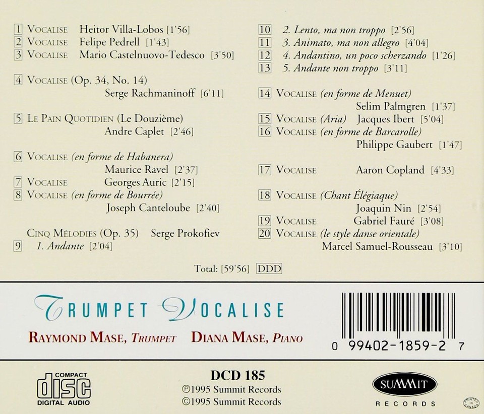 Trumpet Vocalise by Raymond Mase & Diana Mase (CD, 1996, Summit ...
