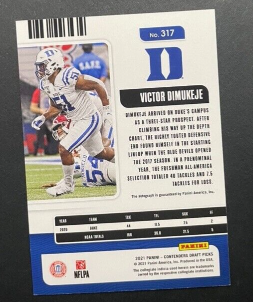 2021 Panini Contenders Draft - Victor Dimukeje #317 Duke - RC Red Foil ...