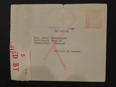 1941 Jerusalem Palestine Censored Cover to Hungary RTS Service ...
