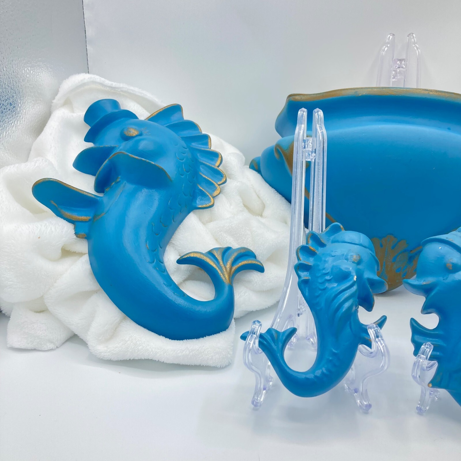 Rare Vintage Blue Ceramic Fish Family w/ Wall Pocket Planter Complete ...
