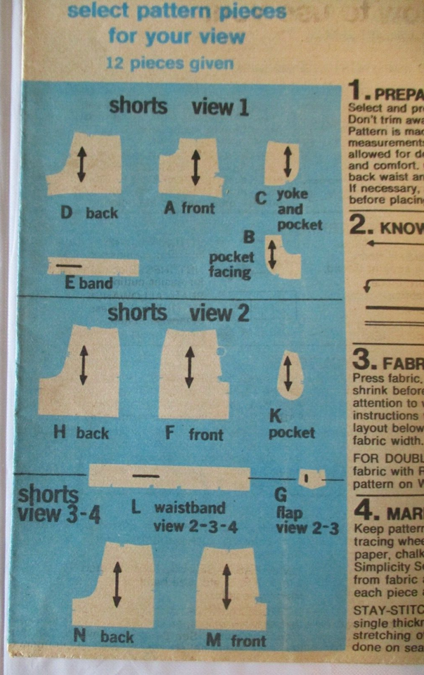 Vintage Simplicity Pattern 6946 Misses One-Yard Shorts size 12 Cut ...