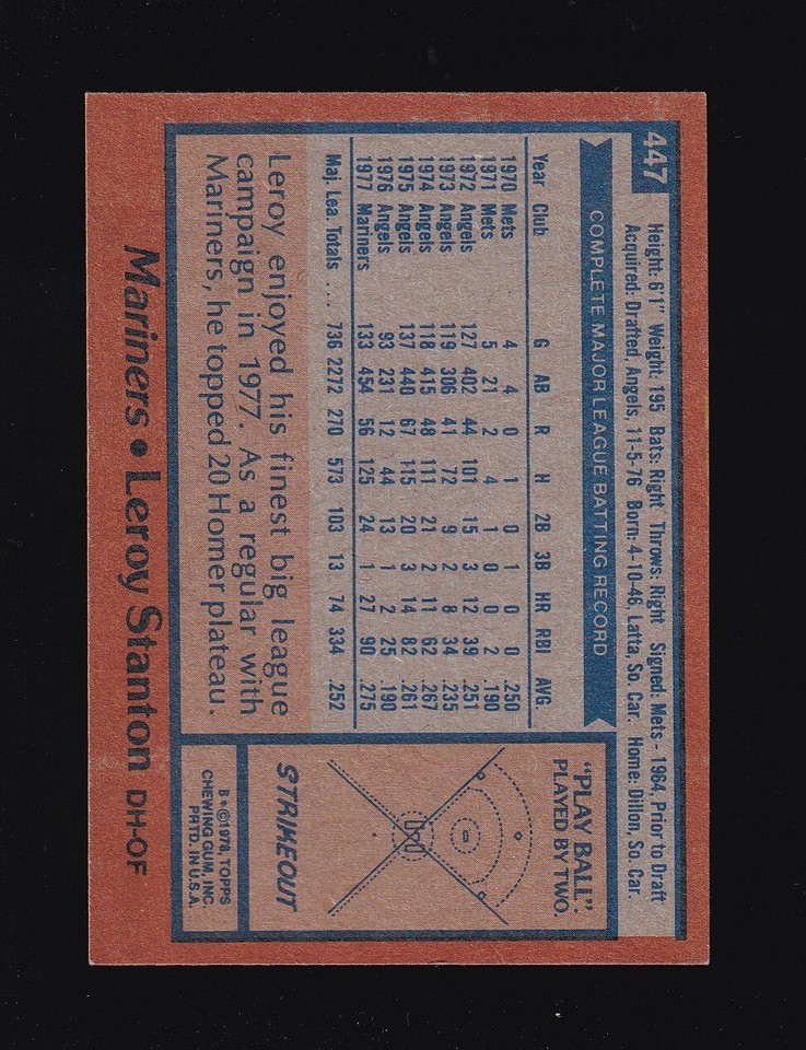1978 Topps Leroy Stanton #447 Seattle Mariners | eBay