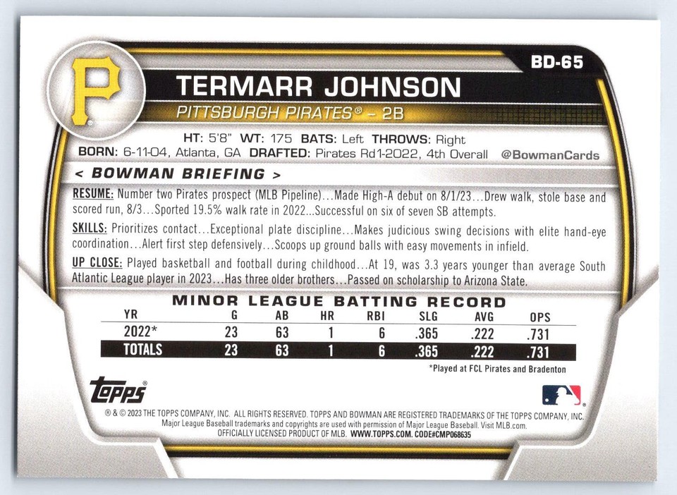 2023 Bowman Draft #BD-65 Termarr Johnson Pittsburgh Pirates BASEBALL ...