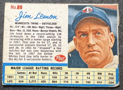 1962 POST CEREAL JIM LEMON (TWINS) #89 GOOD | eBay