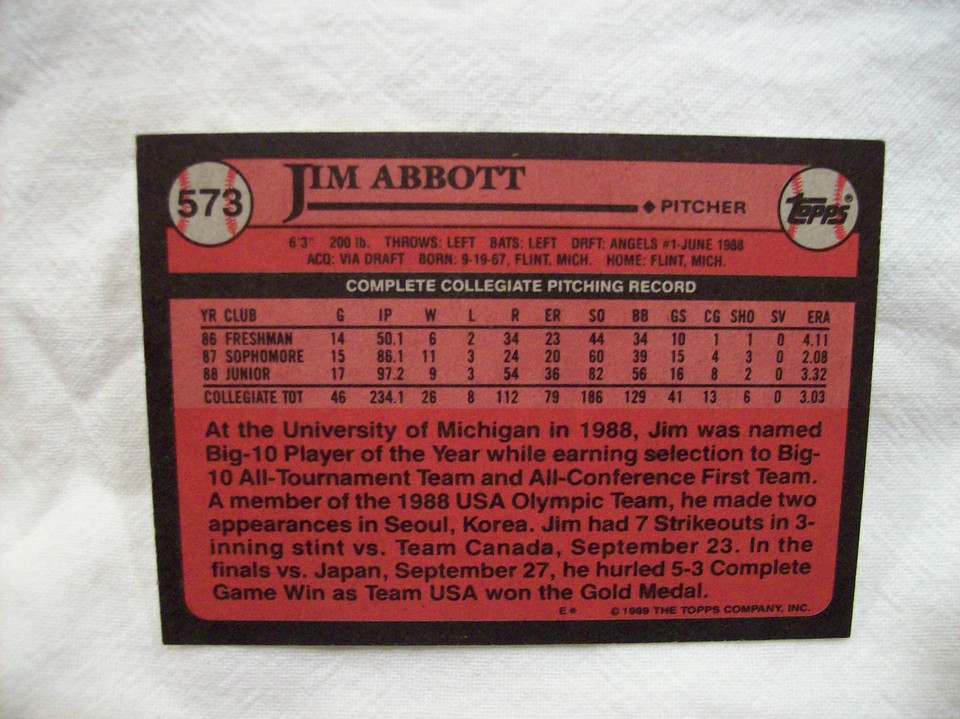1989 Topps Baseball Jim Abbott #573 #1 Draft Pick Rookie Card | eBay