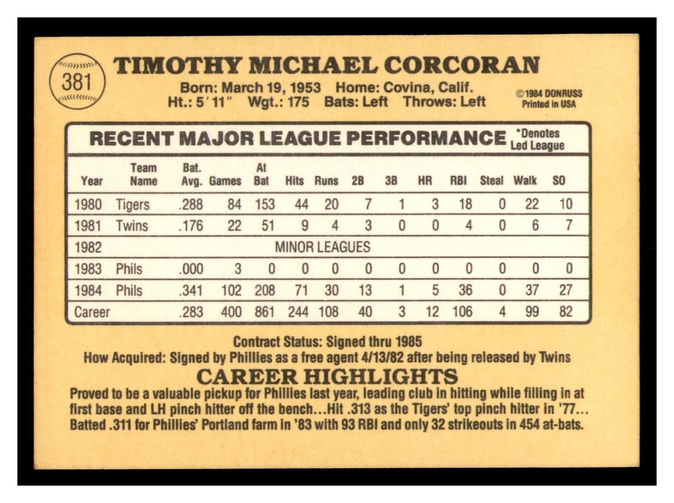 Tim Corcoran Philadelphia Phillies Autographed 1985 Donruss card #381 ...