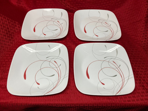 Set of 4 Corelle Splendor Square Luncheon Salad Plates Red Gray Swirl 9 ...