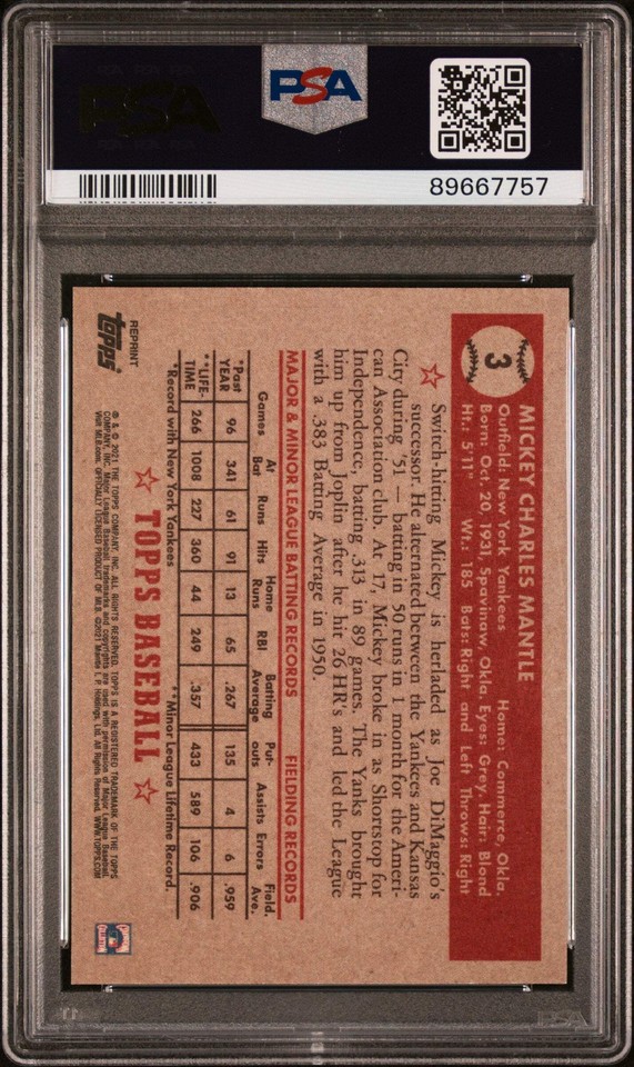 Graded 2021 Topps X Mantle Mickey Mantle #3 Rookie Reprint Baseball ...