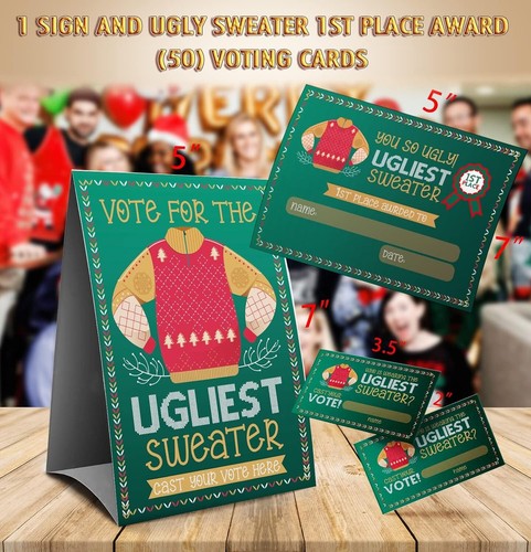 52 Piece Ugly Christmas Sweater Contest Ballot Voting Cards, Table Sign ...
