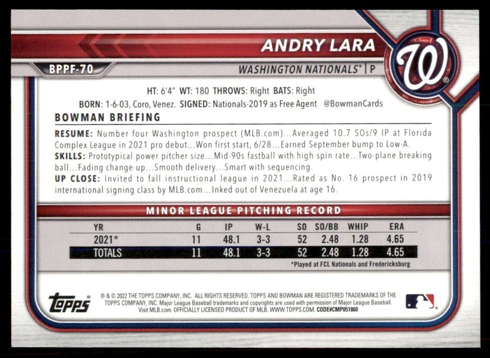 Andry Lara 2022 Bowman 1st Edition Rookie Blue Foil First Card /150 # ...