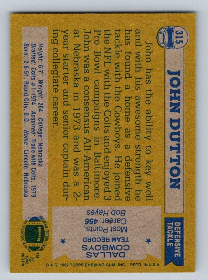 John Dutton #315 1982 Topps Dallas Cowboys | eBay
