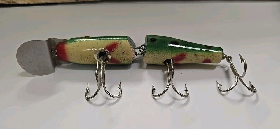 VINTAGE 7" CREEK CHUB PIKIE JOINTED WOODEN MUSKIE FISHING LURE FROG ...
