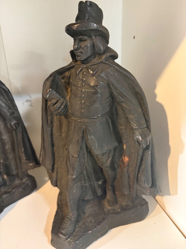 J Ruhl Art Deco Pilgrim Puritan Statue Bookends Armor Bronze | eBay