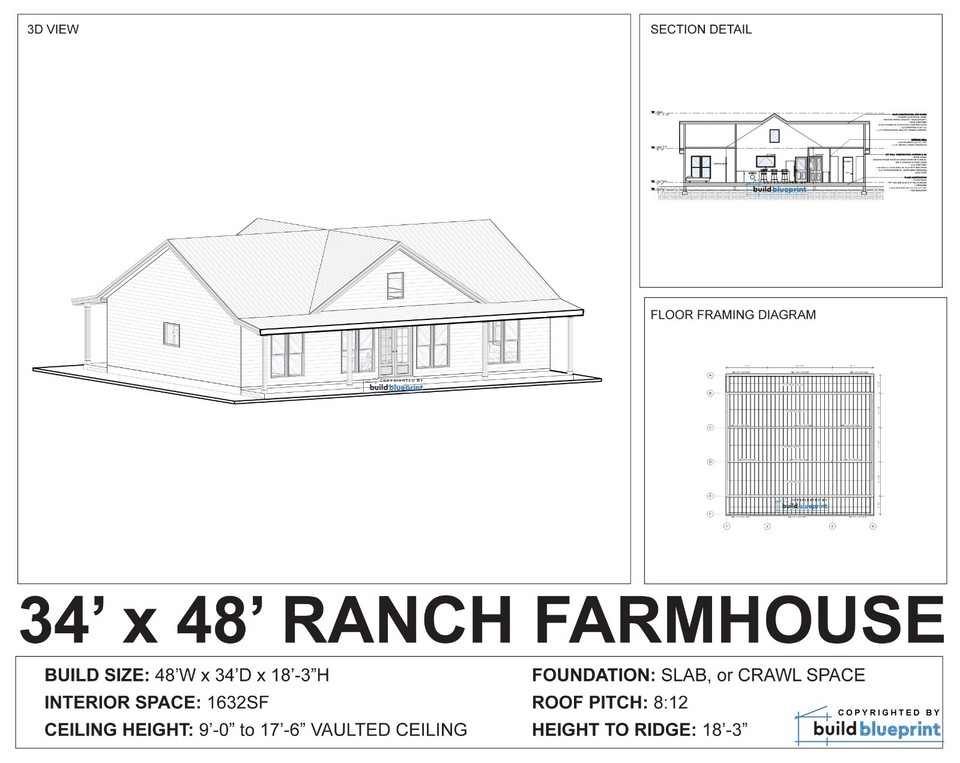 34x48 Modern Farmhouse Custom Architectural Ranch HouPlans 1632SF - PDF ...