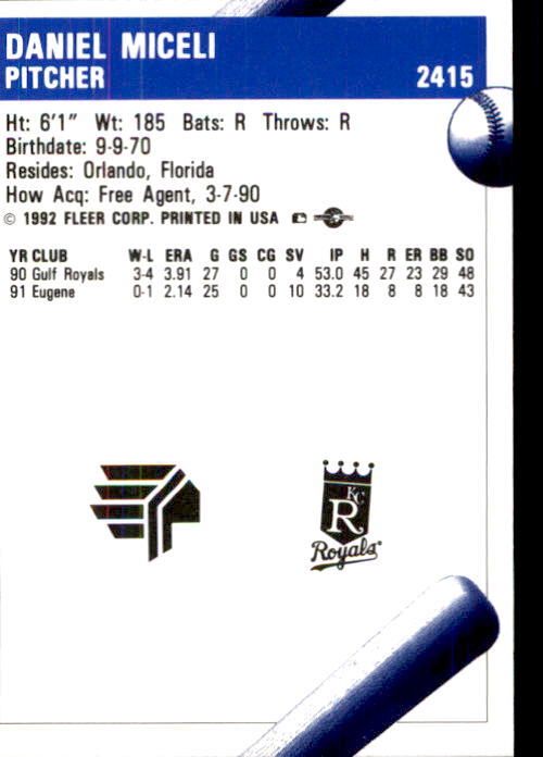 1992 Memphis Chicks Fleer/ProCards #2415 Danny Miceli Orlando Florida ...