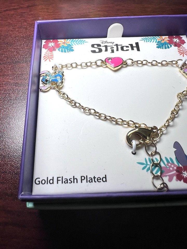 Disney Angel & Stitch Gold flash plated Charm Bracelet heart fandom kid ...