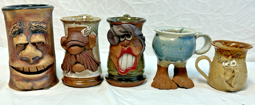 Hand Made Folk Art Pottery Caricature Funny Face Mugs Lot Of 5 | eBay