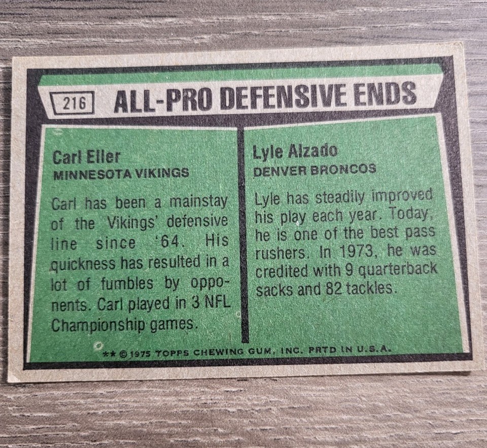 1975 Topps Football Card #216 - Carl Eller (Vikings), Lyle Alzado ...
