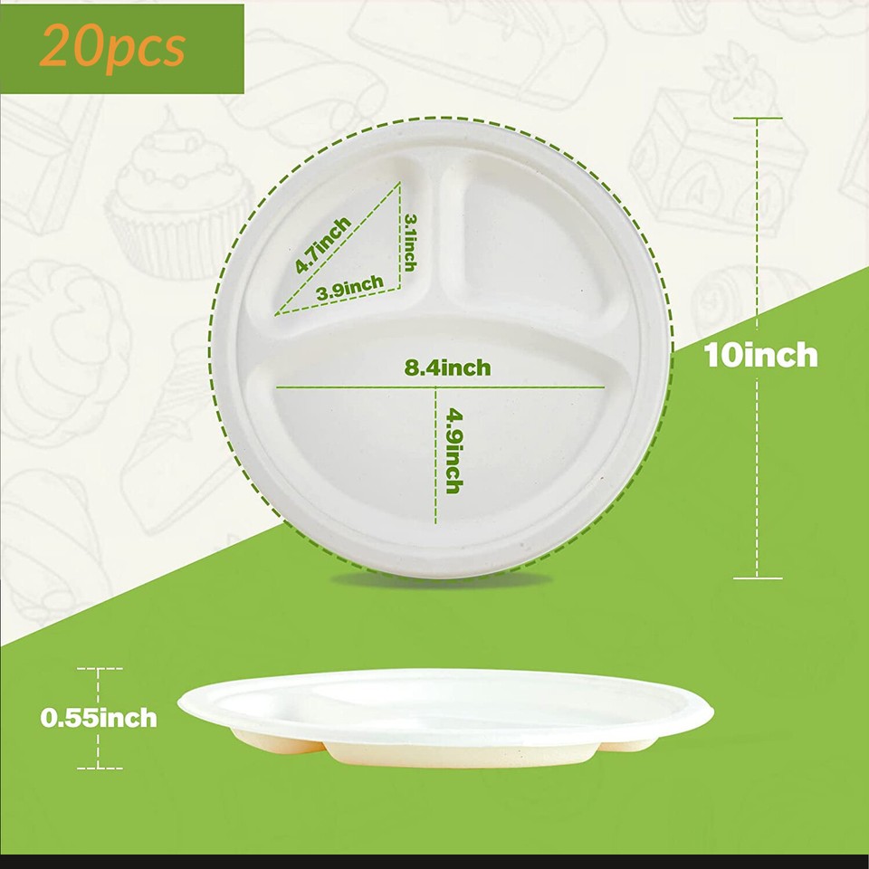 100% Compostable Disposable Paper Plate 3 Compartment 10"Heavy-Duty ...