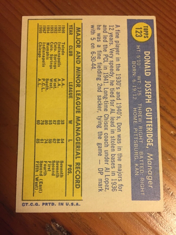 1970 Topps #123 Don Gutteridge White Sox NM * | eBay