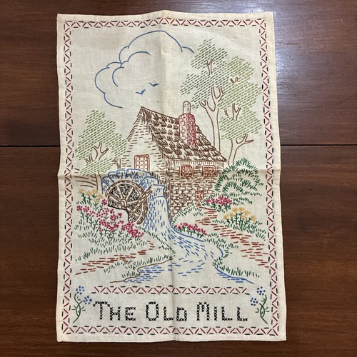 Vintage Needlework Embroidery Folk Art The Old Mill Cottage Scene 10 ...
