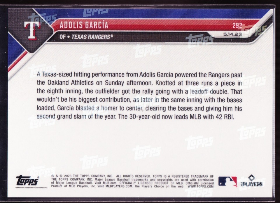 Adolis Garcia Texas Ranger 5 RBI vs A's 2023 Topps Now 292 Purple ...