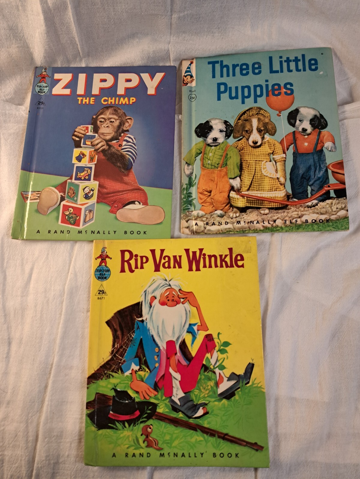 3 Vtg HC Elf Books, Zippy the Chimp, Three Little Puppies, Rip Van ...