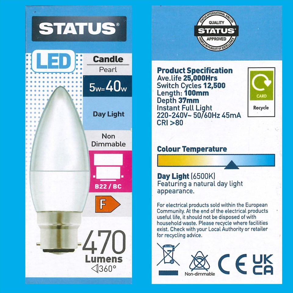 4x 5W (=40W) LED Pearl Candle Light Bulb, Daylight White, 6500K, BC B22 ...
