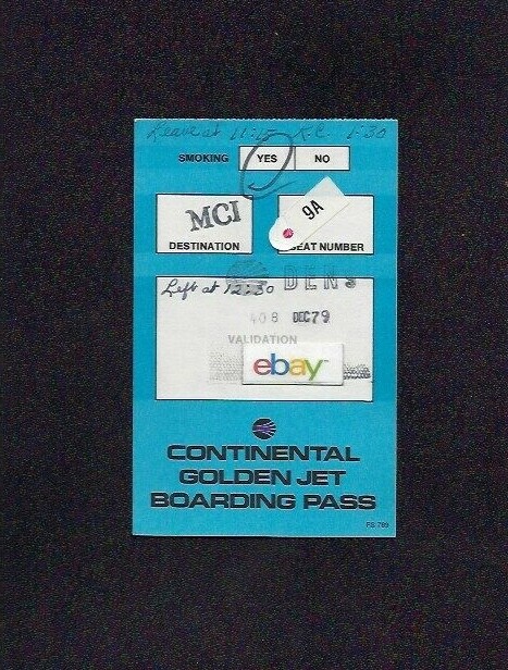 CONTINENTAL AIRLINES 1979 BOARDING PASS GOLDEN JET DENVER TO KANSAS ...