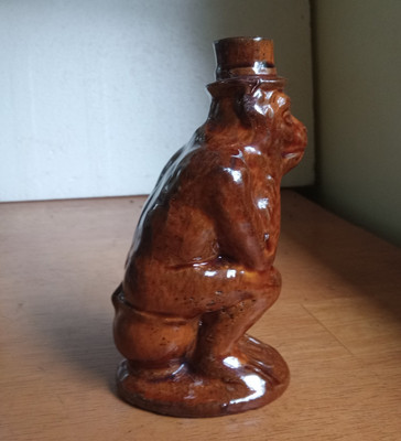 1890s RARE UHL POTTERY MONKEY ON POT LIQUOR BOTTLE W/LABEL GEO.CONEN ...