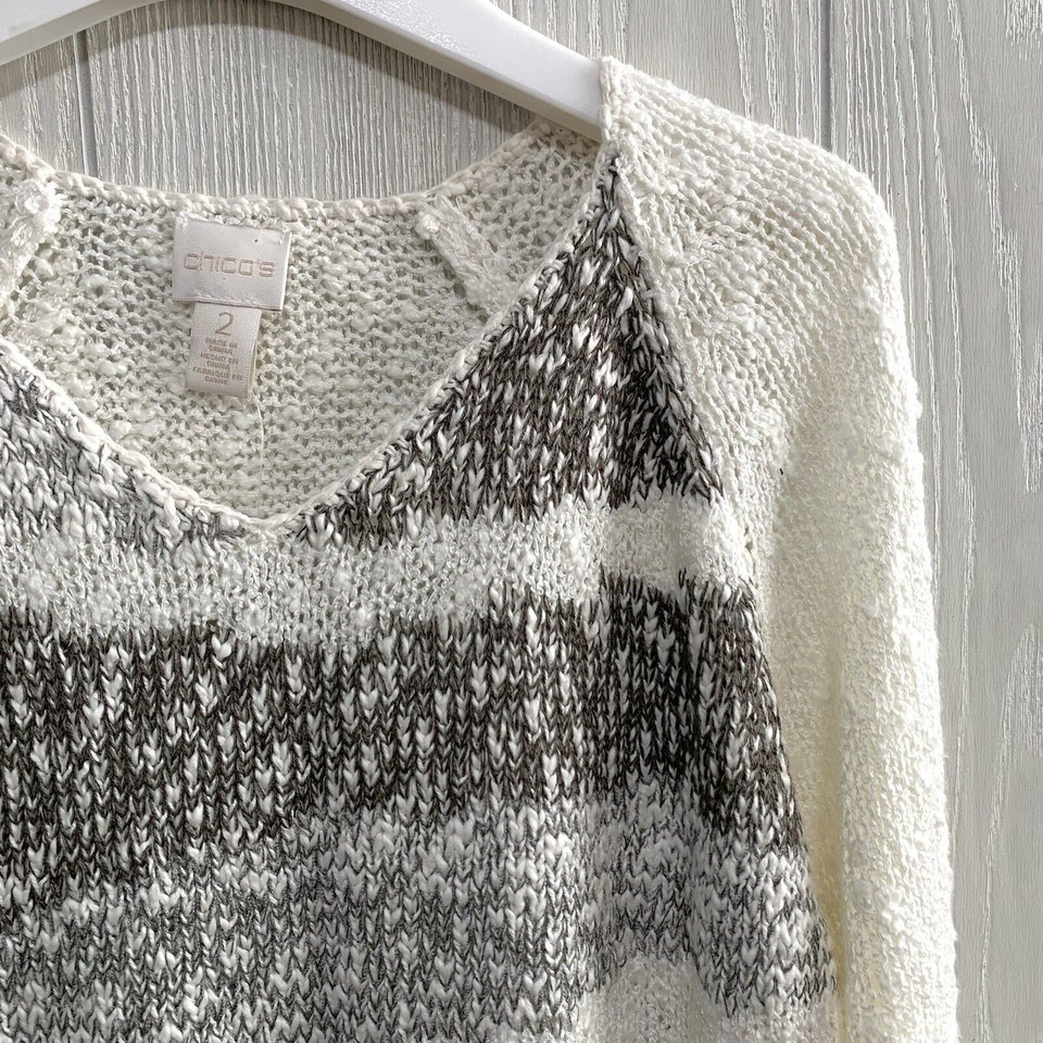 Chico's Fringe Ivory Cream Brown Valentina Pullover Size 2 (L/12) NWT ...