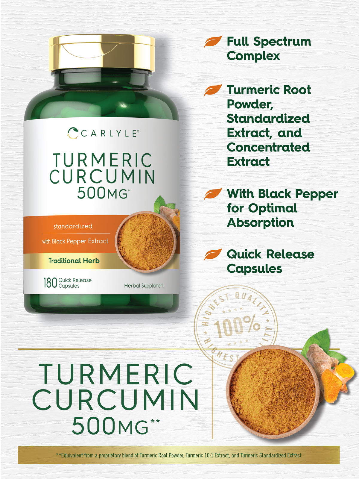 Turmeric Curcumin with Bioperine | 500 mg | 180 Capsules | by Carlyle ...