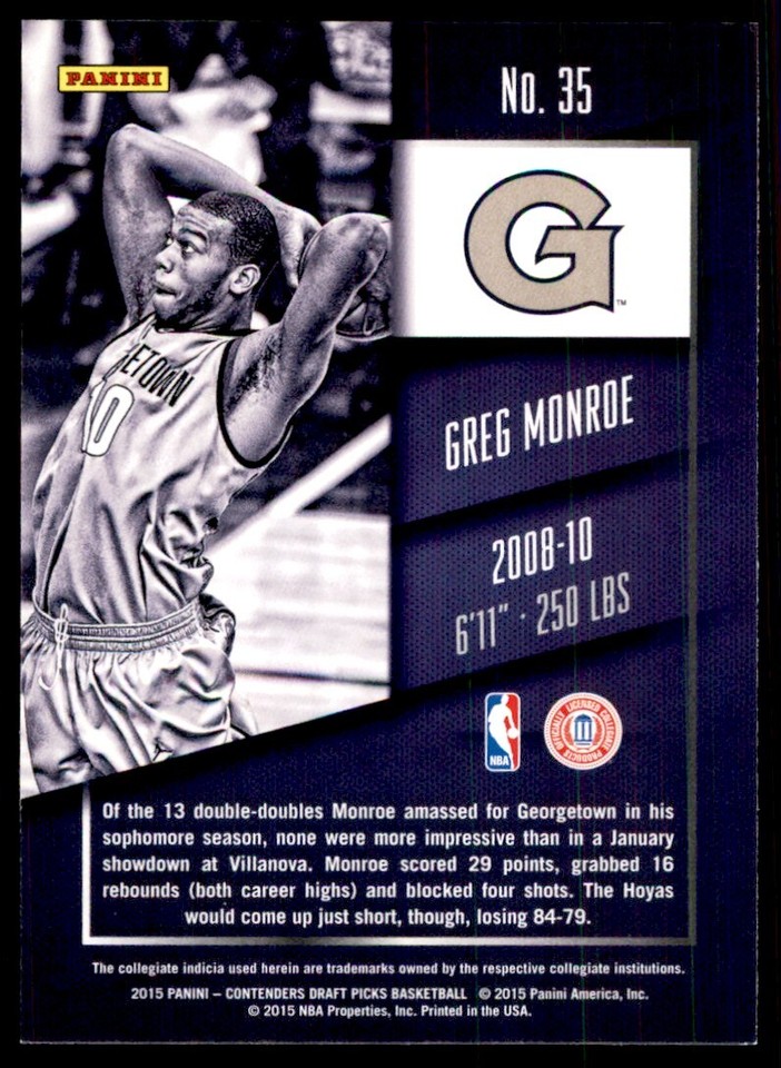 2015-16 Panini Contenders Draft Picks. Greg Monroe F Basketball Cards ...