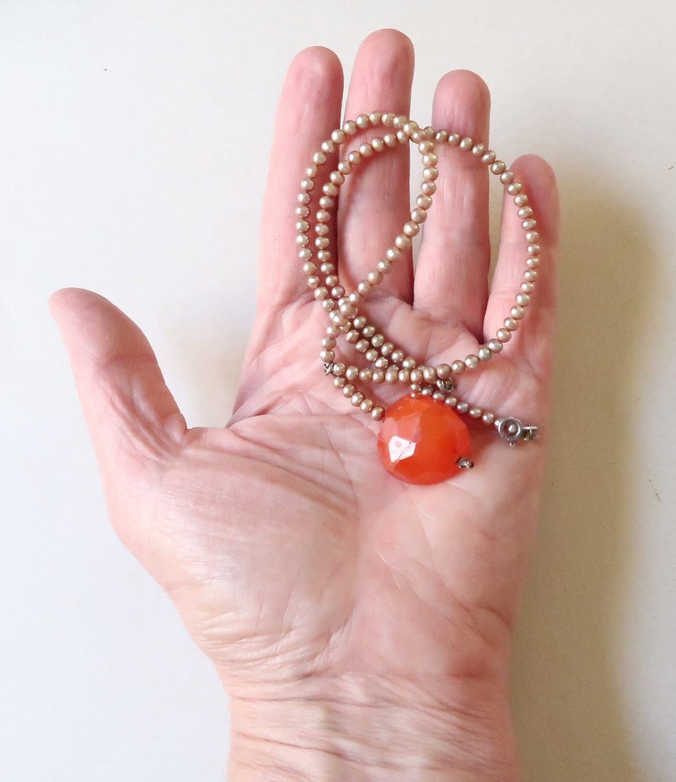 Vintage 42cm Long Fresh Water Pearl & Carnelian Focal Bead Necklace ...