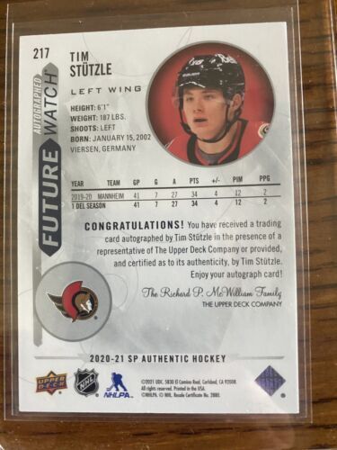 Upper Deck 2020-2021 SP Authentic Future Watch Auto Tim Stutzle /999 | eBay