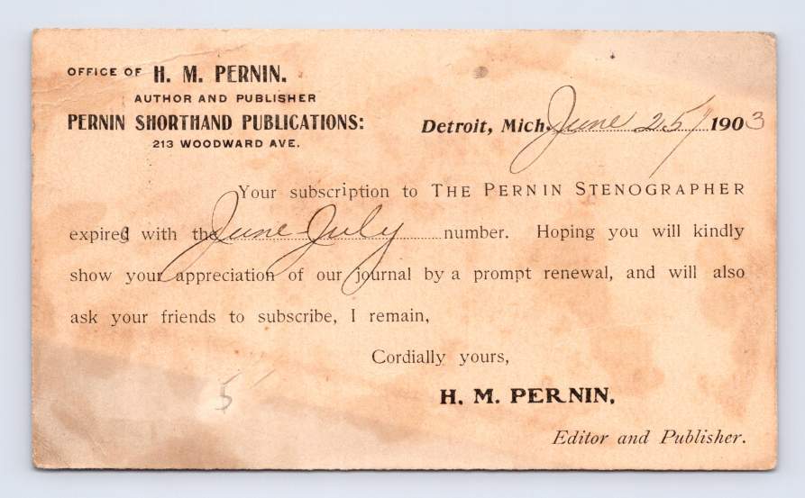 Pernin Shorthand Publications Postal Card Antique DETROIT Stenography ...