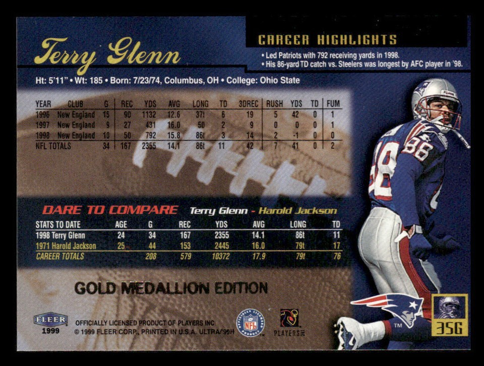1999 Ultra Terry Glenn #35G Gold Medallion | eBay