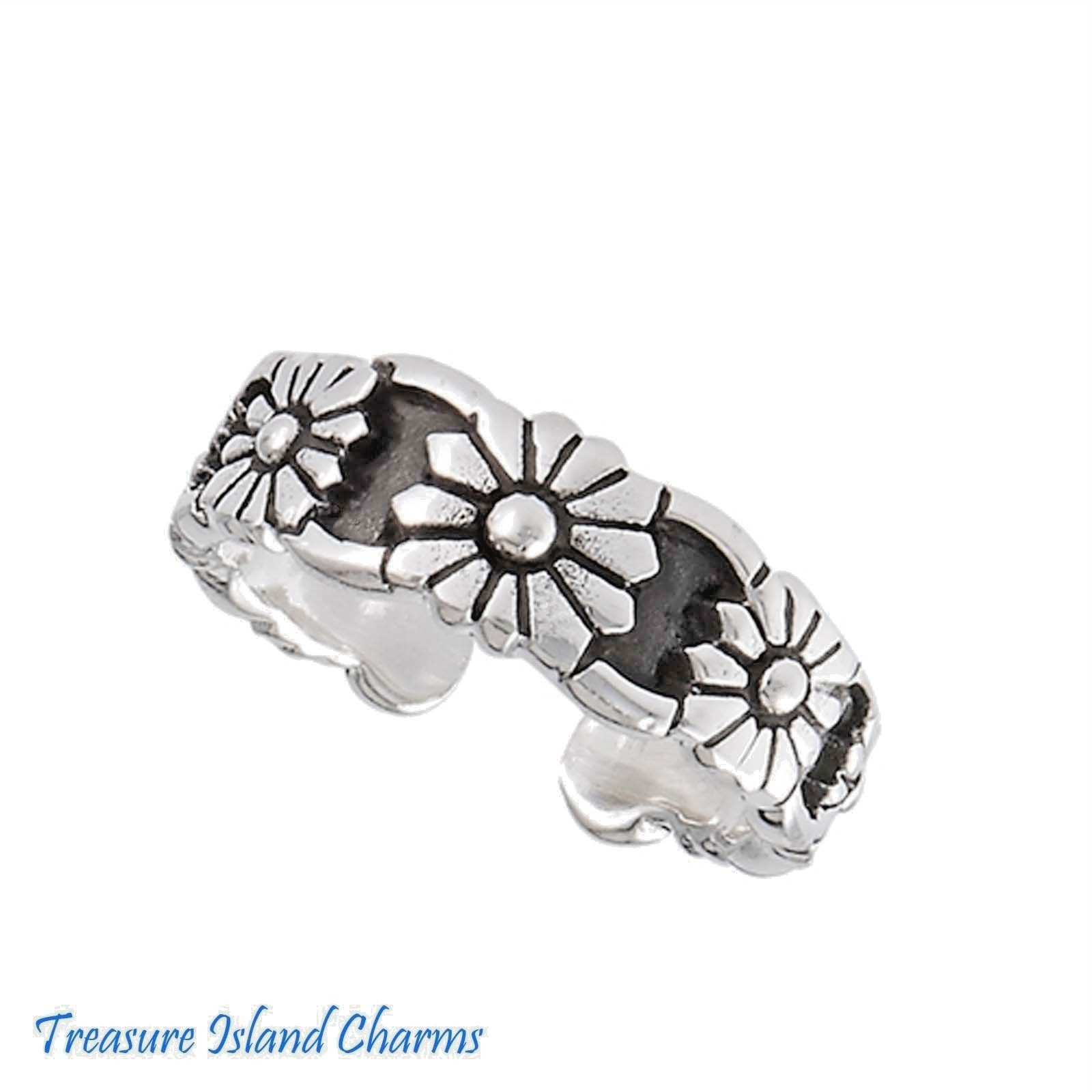 Daisy Flowers Floral 925 Solid Sterling Silver Adjustable Toe or Pinkie ...