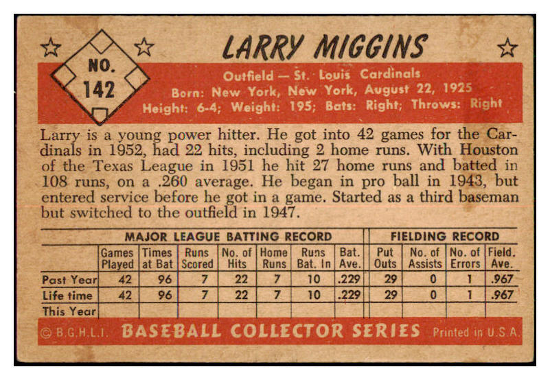 1953 BOWMAN #142 LARRY MIGGINS CARDINALS EX-MT 451728 (KYCARDS) | eBay