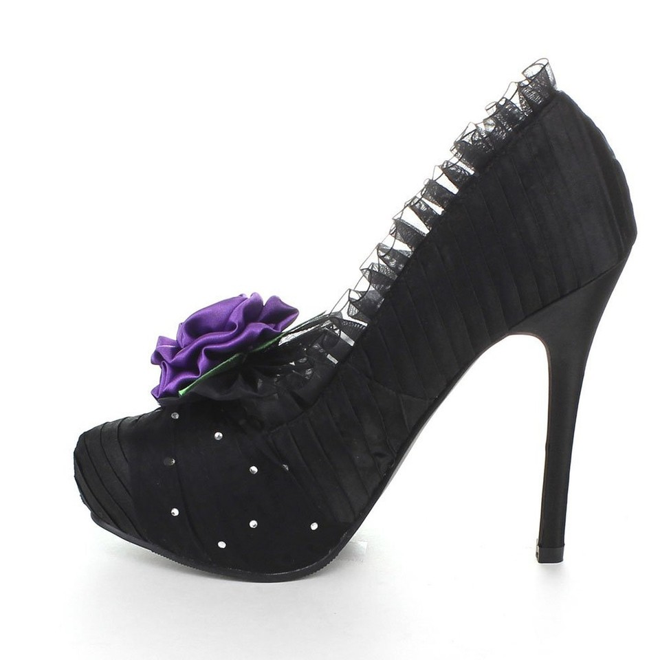 Ellie Black Satin Platform Pumps w Ruffle Trim, 5-Inch Stiletto Heel ...