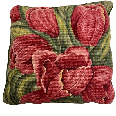 Vtg Petite Needlepoint Pillow Tulip Floral Velvet Wool Cotton Poly ...