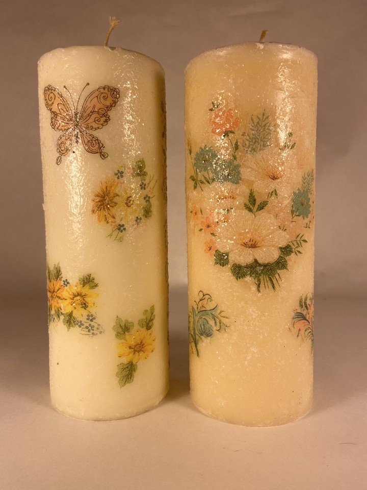 2 VINTAGE PILLAR SUGAR CANDLES 60s 70s Design on Wax-No glass-Friends ...